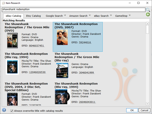 Entering eBay Catalog Information